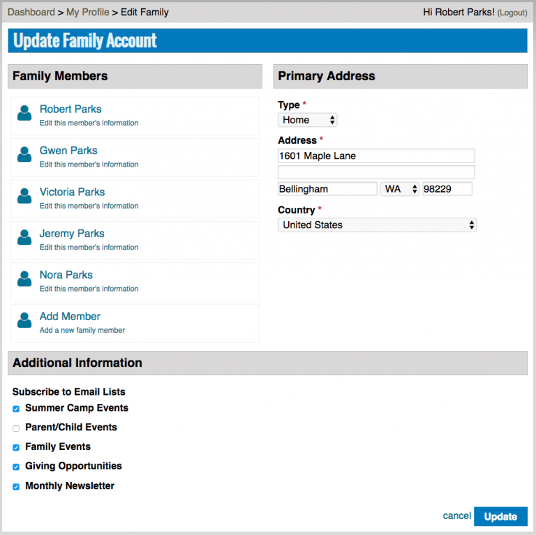 How can I add a link to an email to update Family Accounts ...